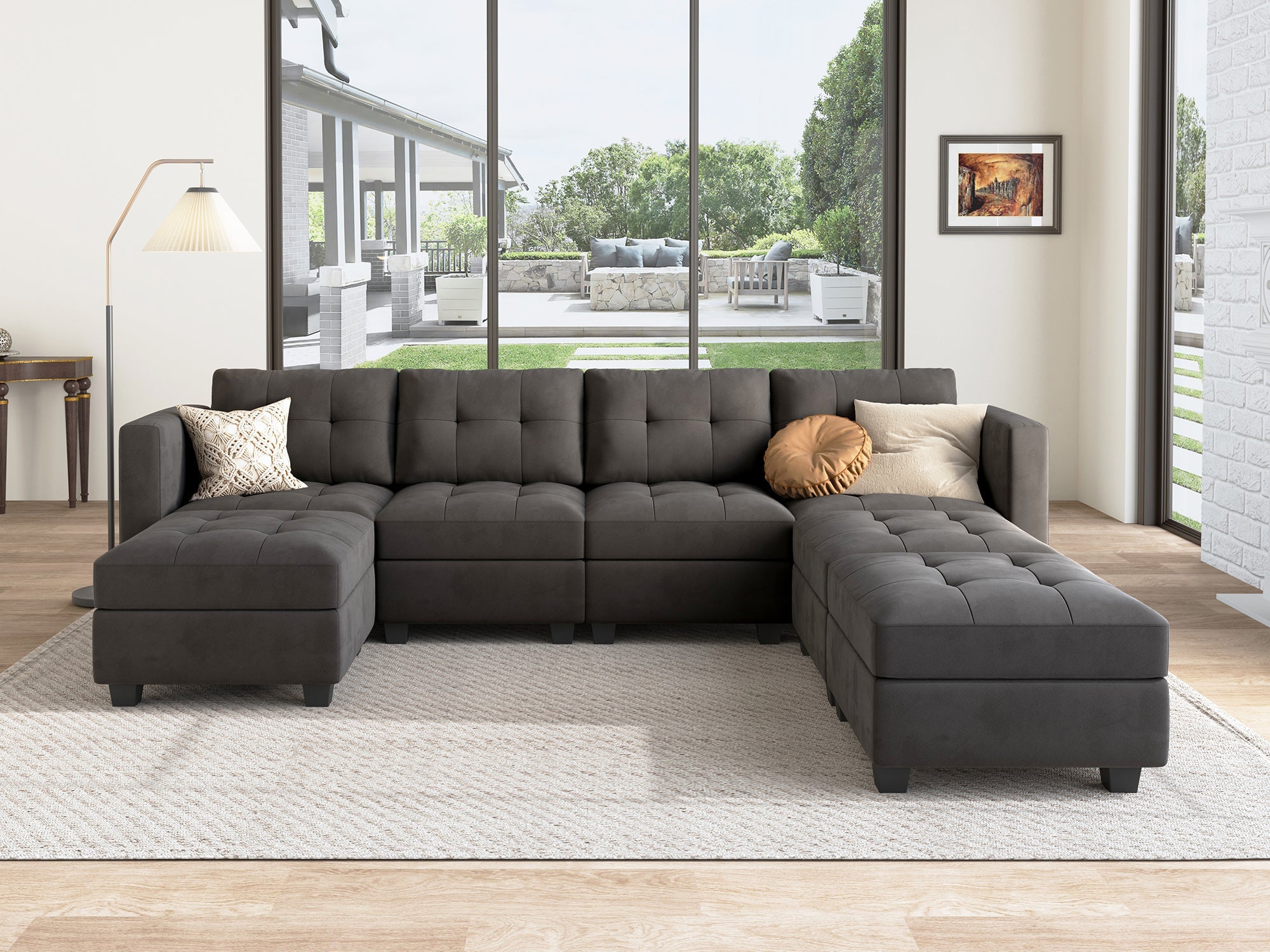 Honbay Velvet Tufted U Shaped Reversible Modular Sofa Convertible
