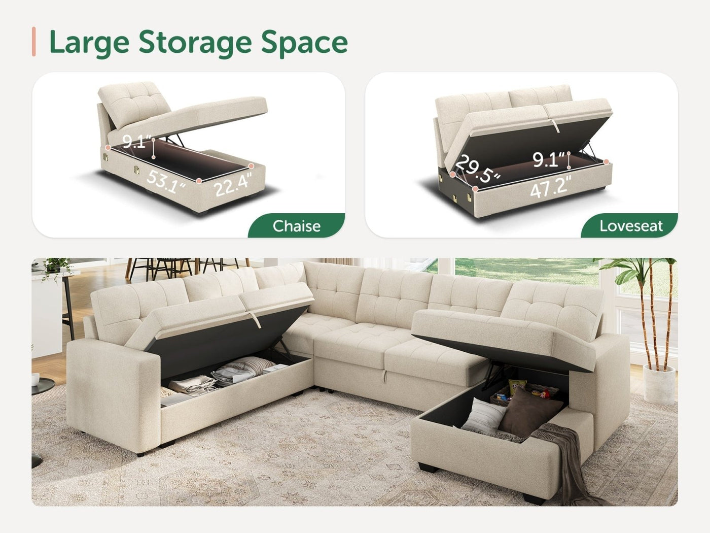 HONBAY Sectional Sofa Bed – Sleeper Sofa with Storage Chaise