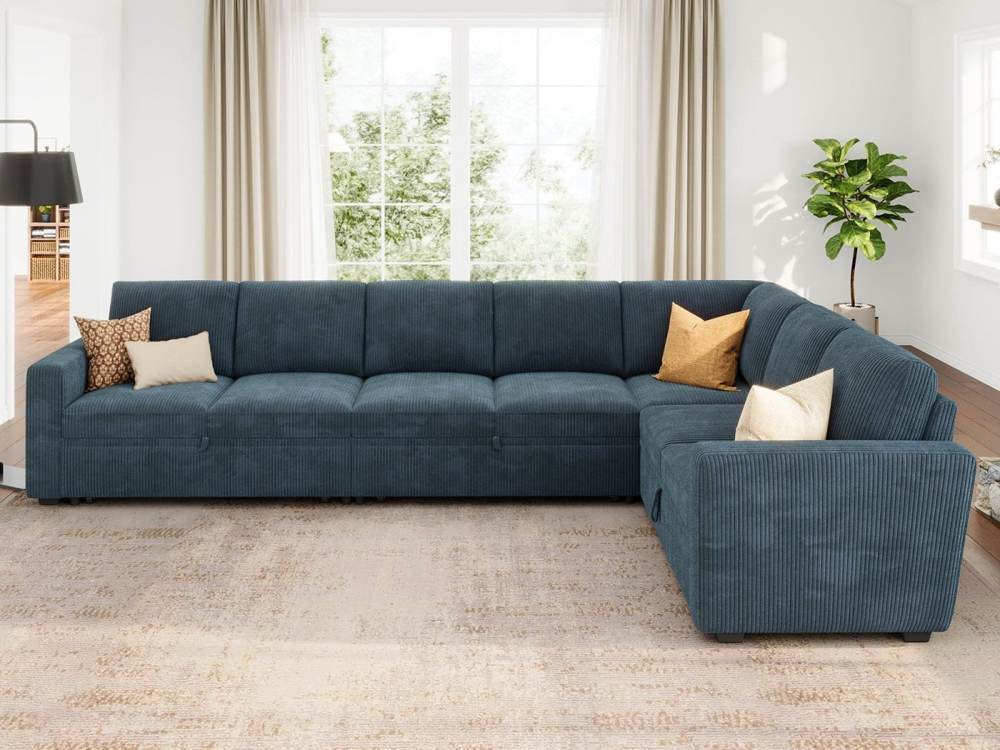 HONBAY 7-Piece Corduroy Modular Sleeper Sectional Sofa With 2 Storage